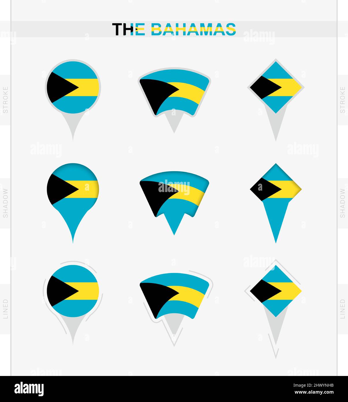 The Bahamas flag, set of location pin icons of The Bahamas flag. Vector illustration of national ...