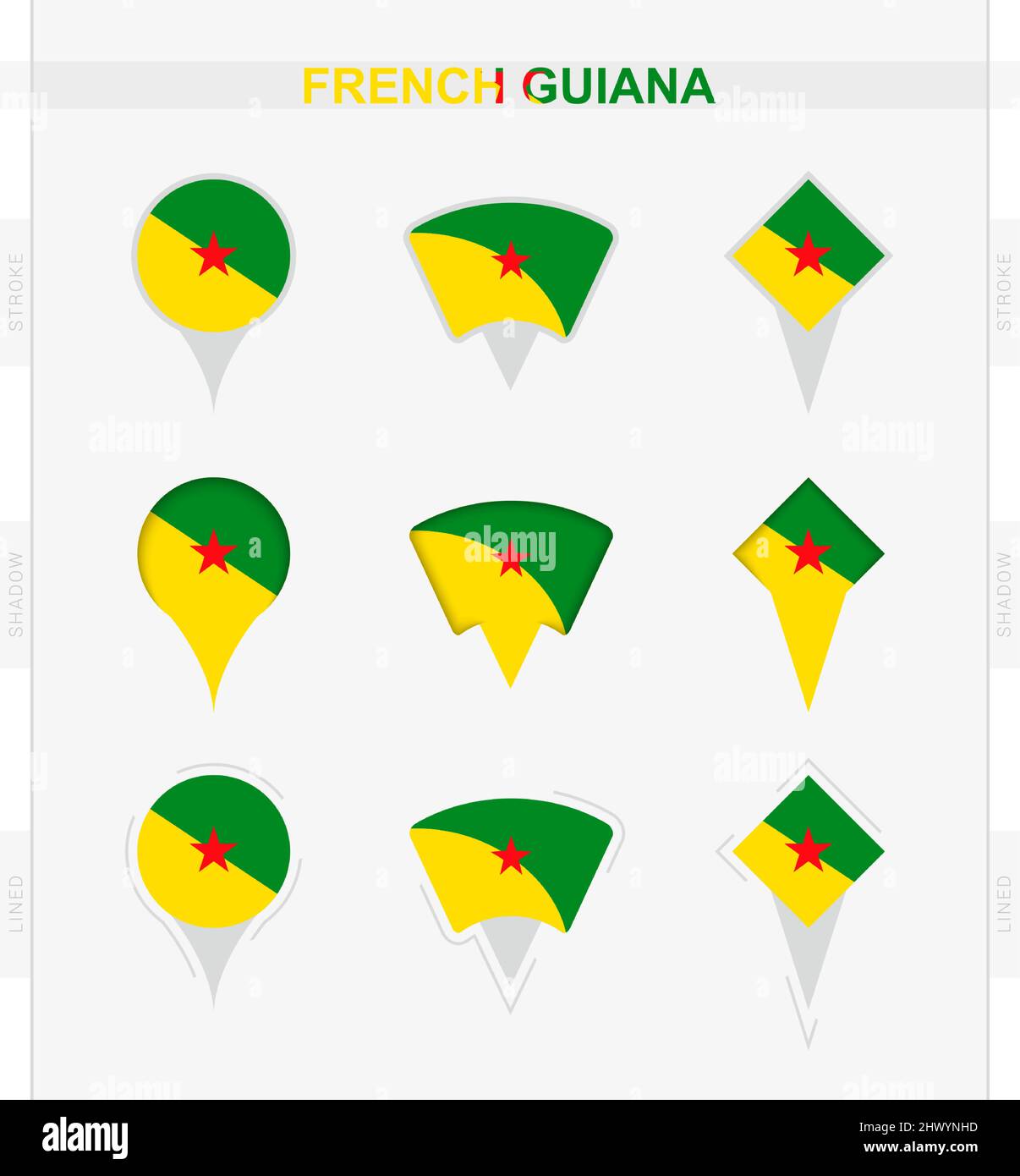 French Guiana flag, set of location pin icons of French Guiana flag ...