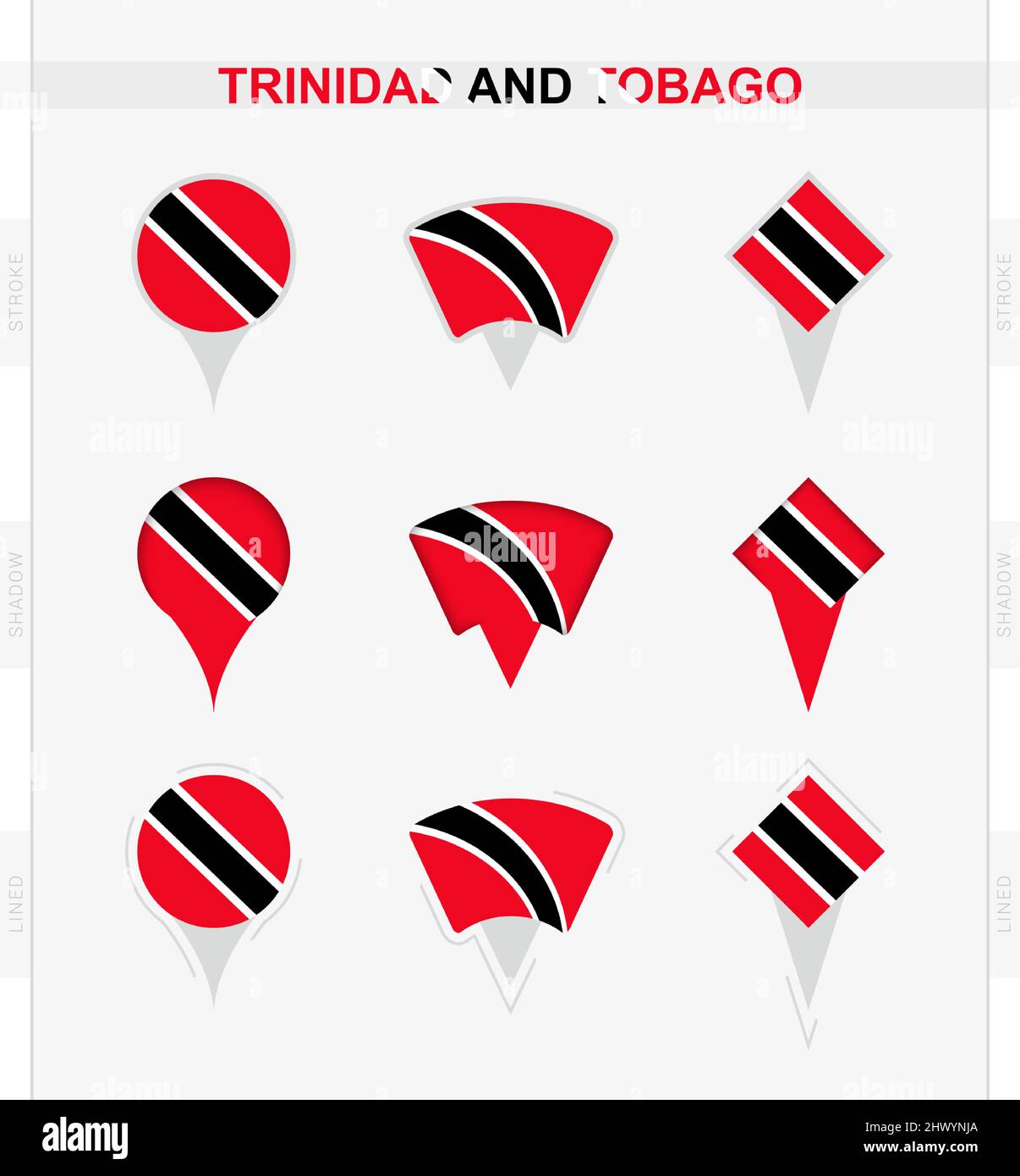 Trinidad and Tobago flag, set of location pin icons of Trinidad and ...