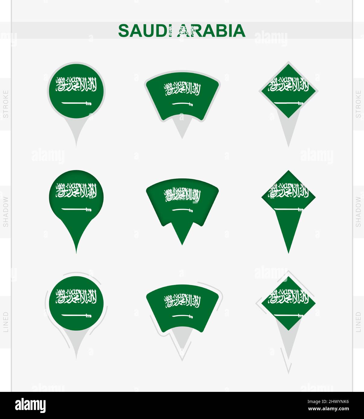 Saudi Arabia flag, set of location pin icons of Saudi Arabia flag ...