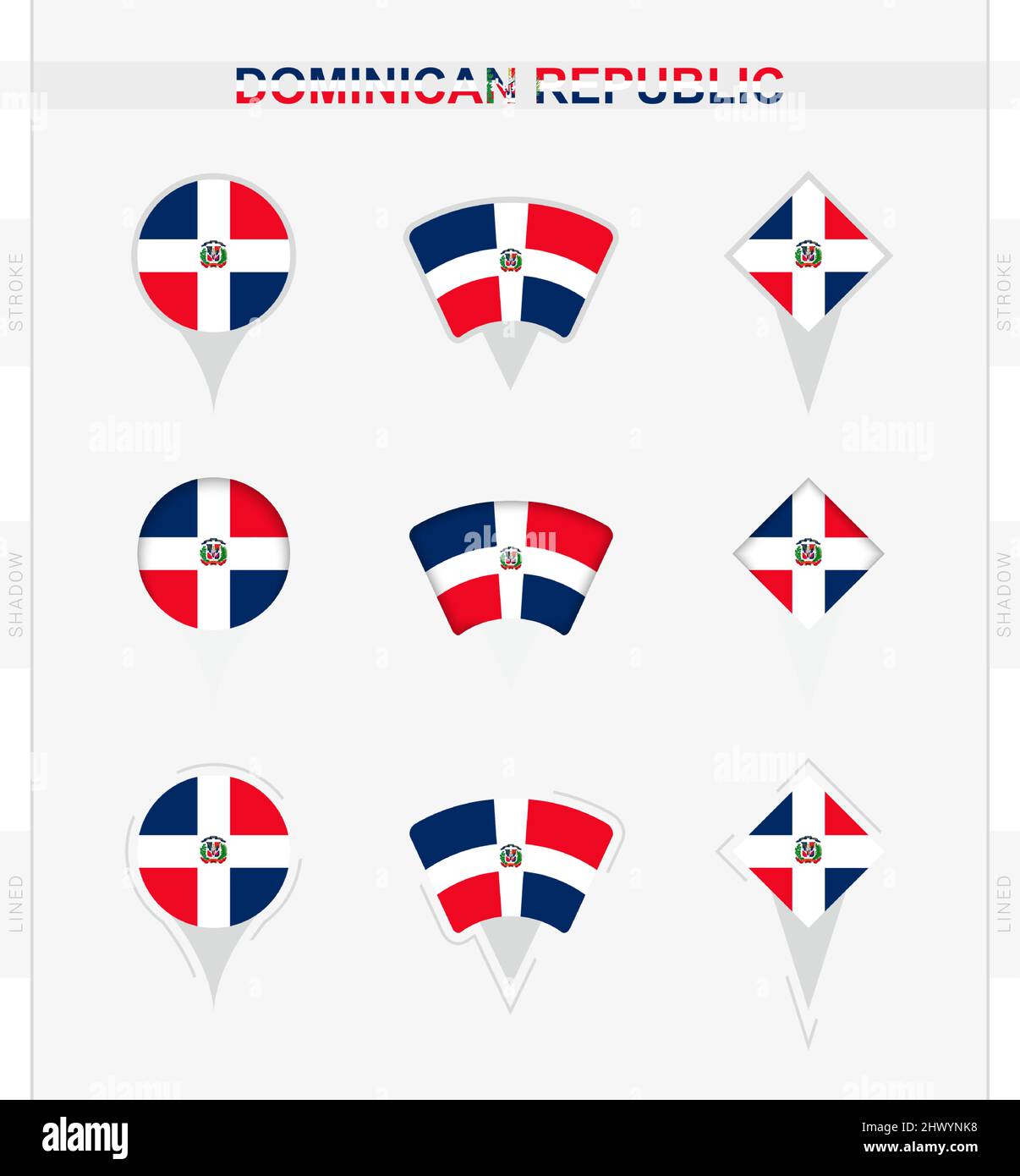 Dominican Republic flag, set of location pin icons of Dominican ...