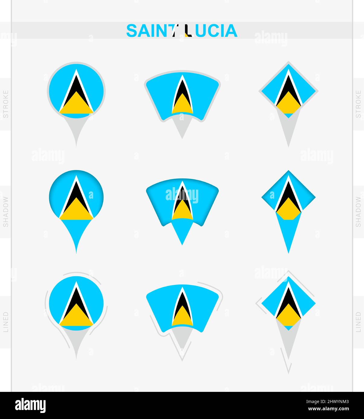 Saint Lucia flag, set of location pin icons of Saint Lucia flag. Vector ...