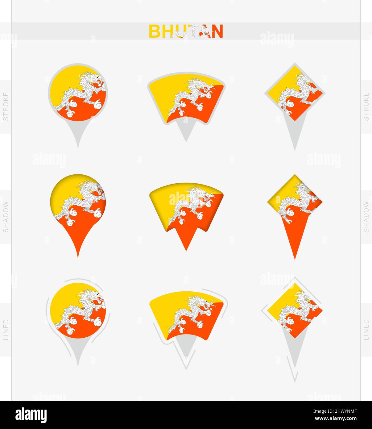 Bhutan flag, set of location pin icons of Bhutan flag. Vector ...
