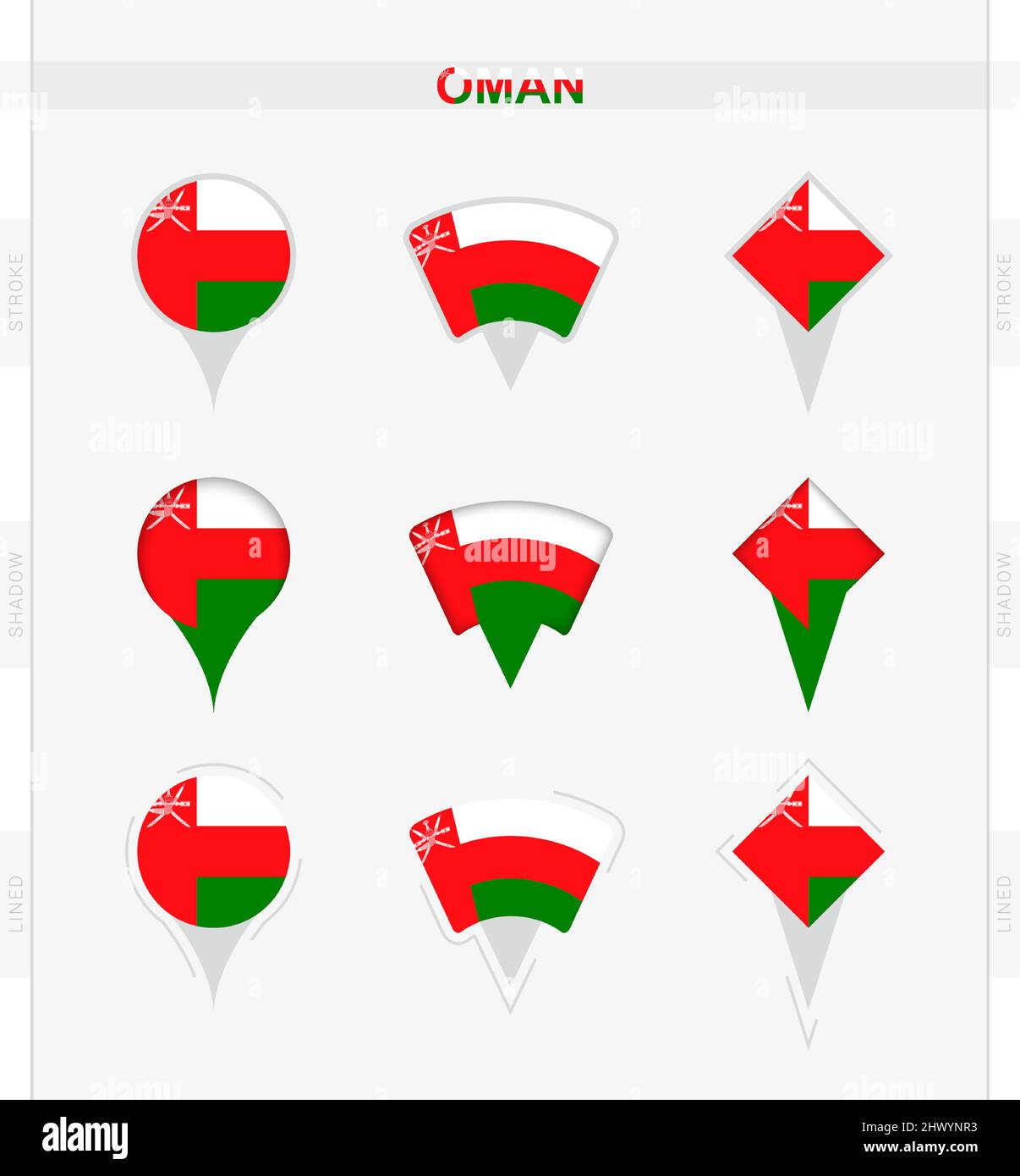 Oman flag, set of location pin icons of Oman flag. Vector illustration ...