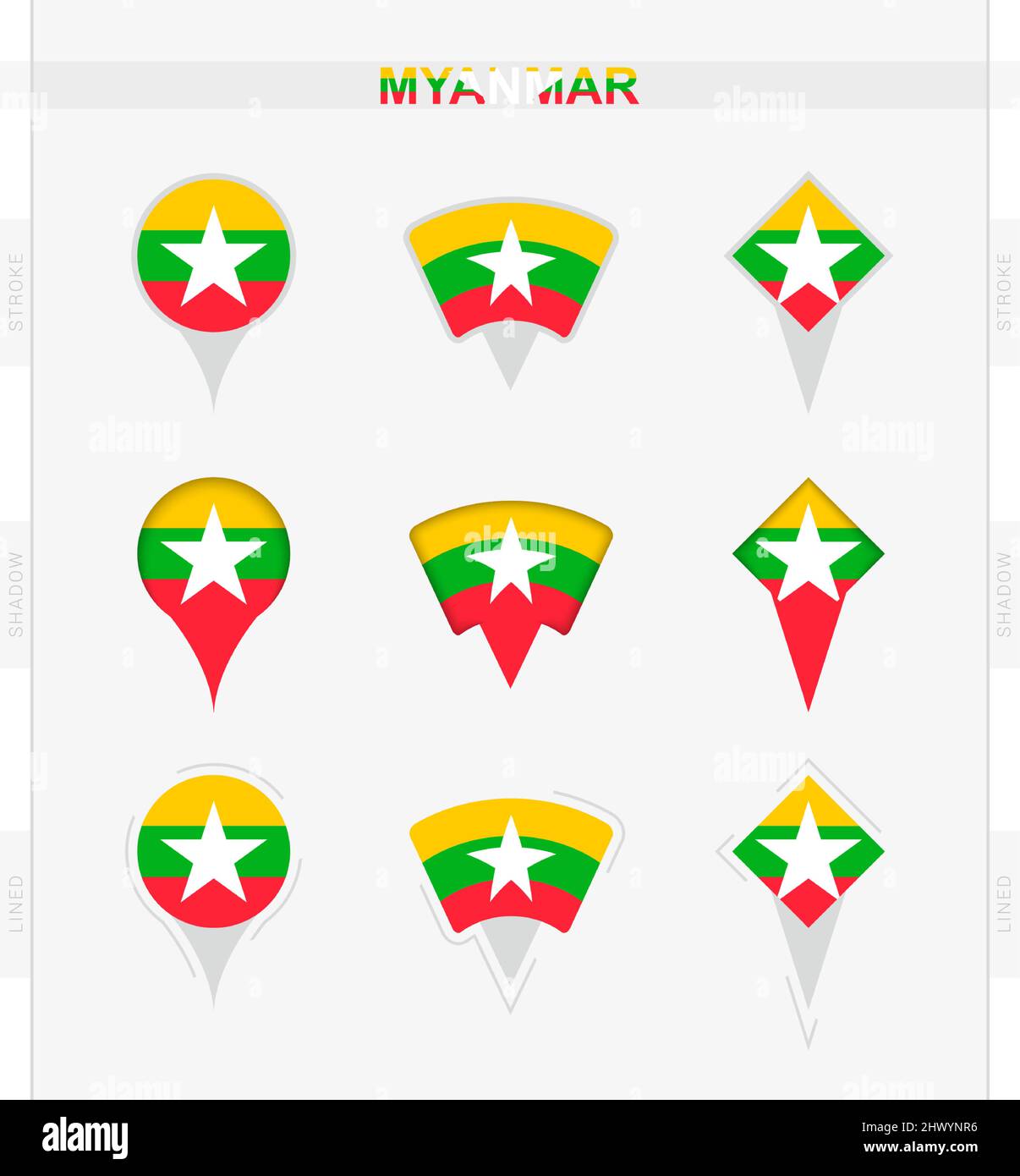 Myanmar flag, set of location pin icons of Myanmar flag. Vector ...