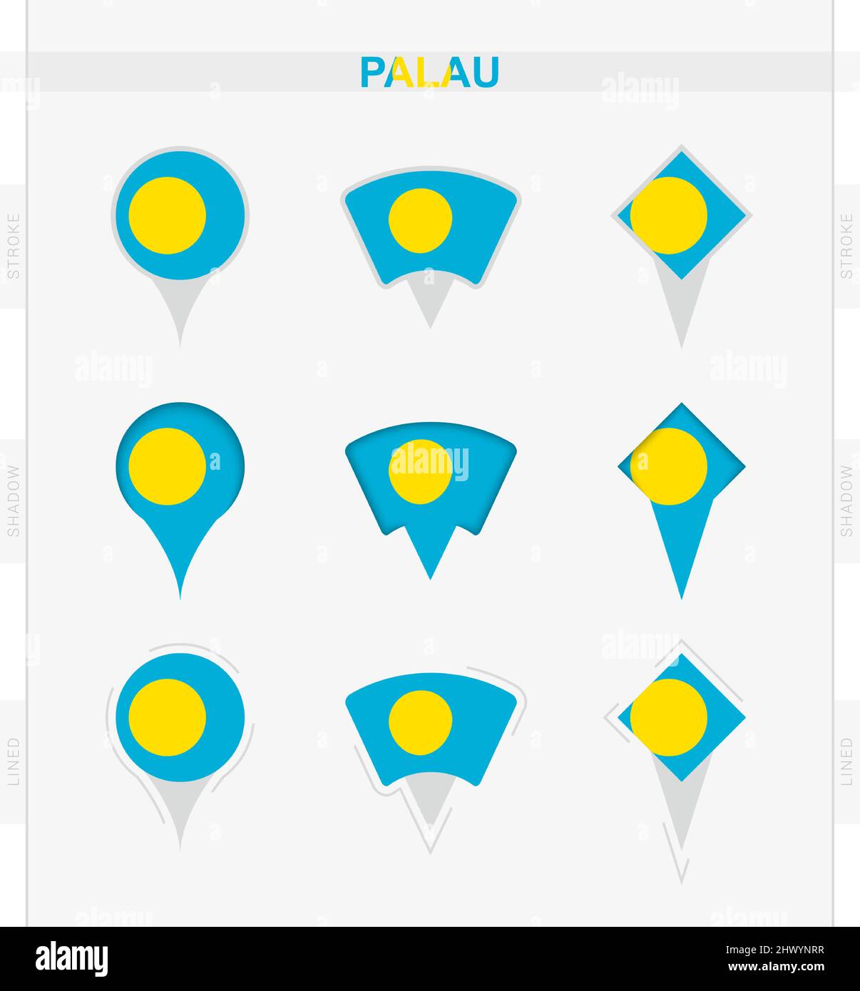 Palau flag, set of location pin icons of Palau flag. Vector illustration of national symbols ...