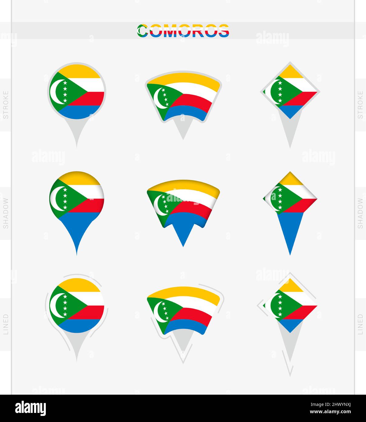 Comoros flag, set of location pin icons of Comoros flag. Vector ...
