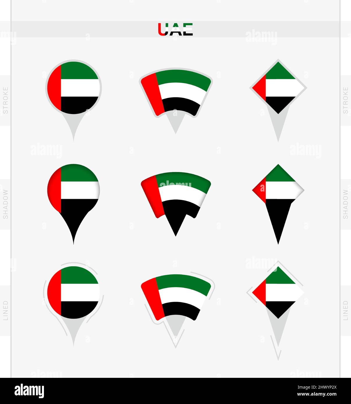 United Arab Emirates flag, set of location pin icons of United Arab ...