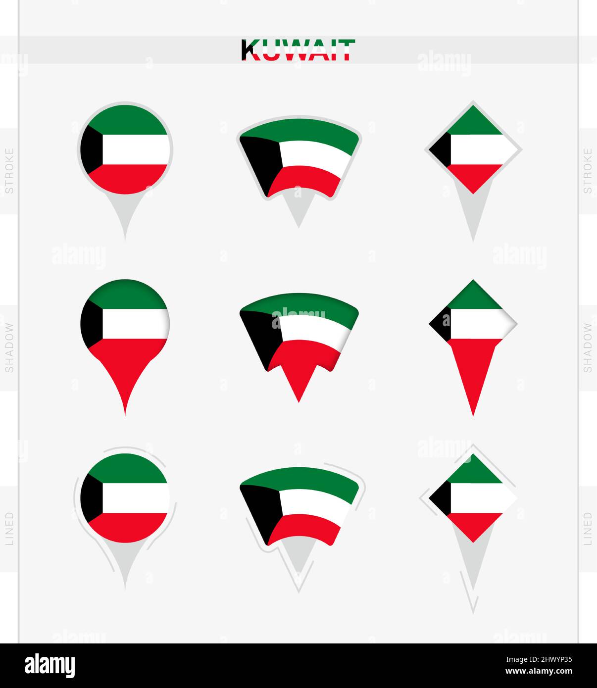 Kuwait flag, set of location pin icons of Kuwait flag. Vector ...