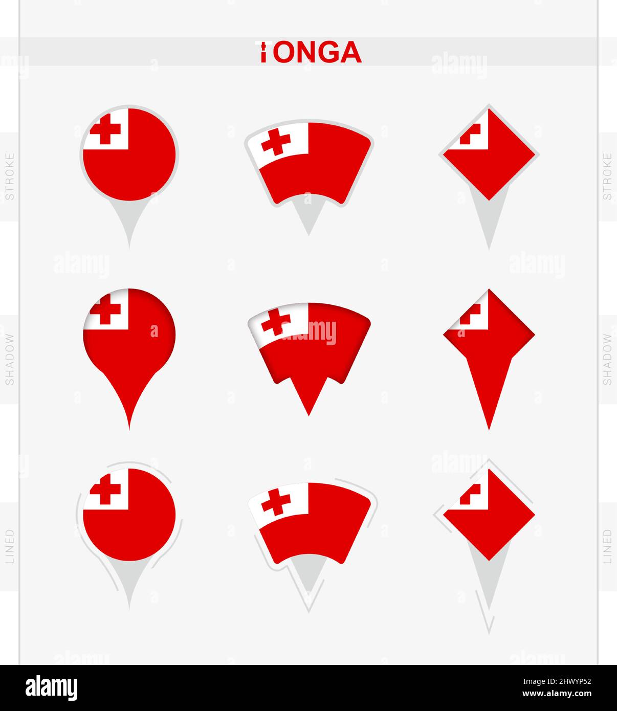 Tonga flag, set of location pin icons of Tonga flag. Vector illustration of national symbols ...