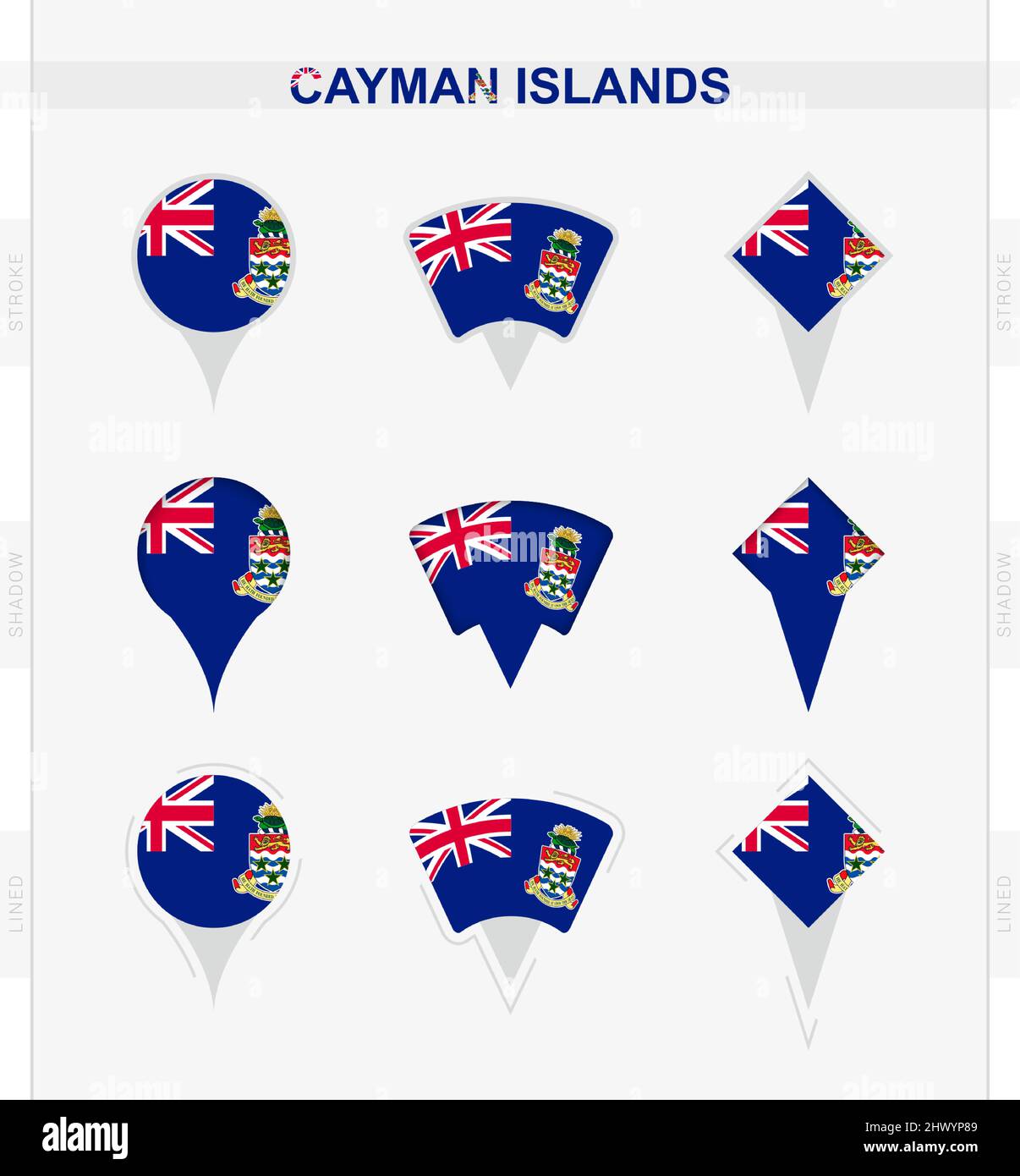 Cayman Islands flag, set of location pin icons of Cayman Islands flag ...