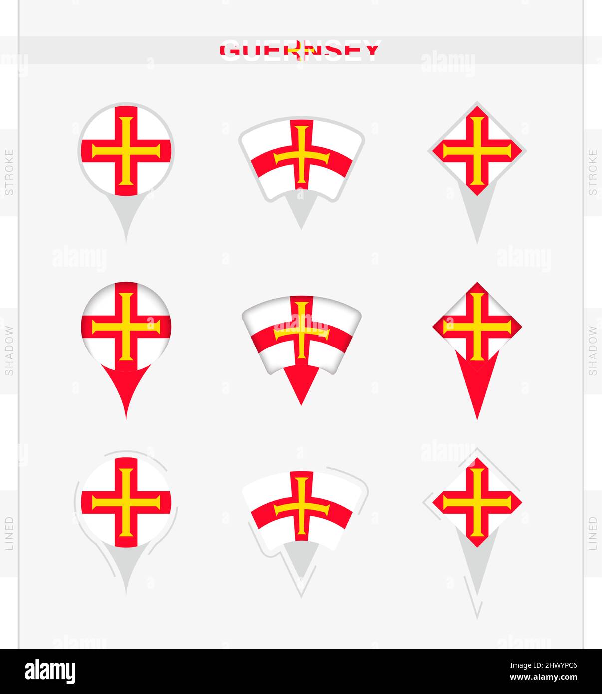 Guernsey flag, set of location pin icons of Guernsey flag. Vector ...
