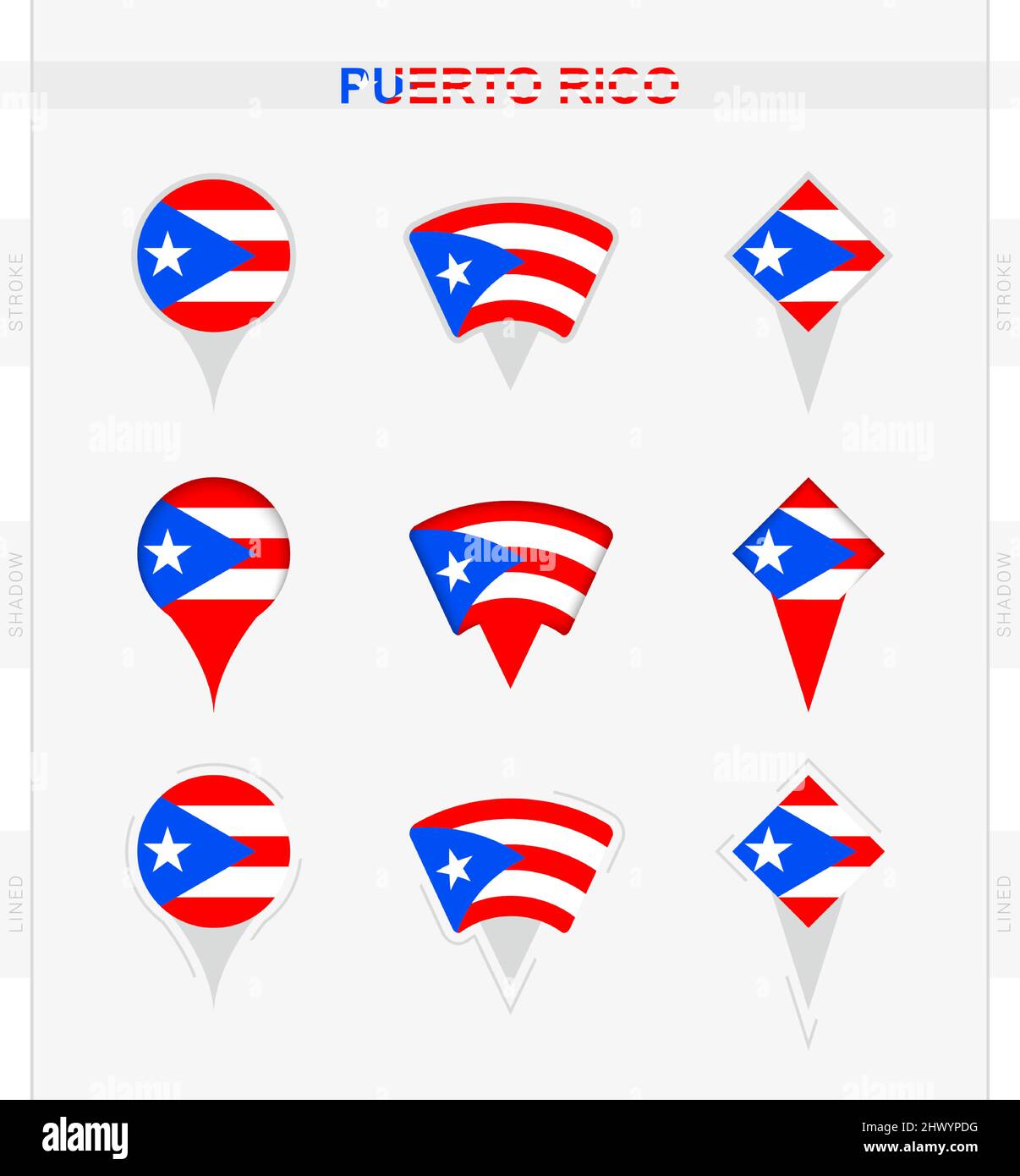 Puerto Rico flag, set of location pin icons of Puerto Rico flag. Vector illustration of national ...