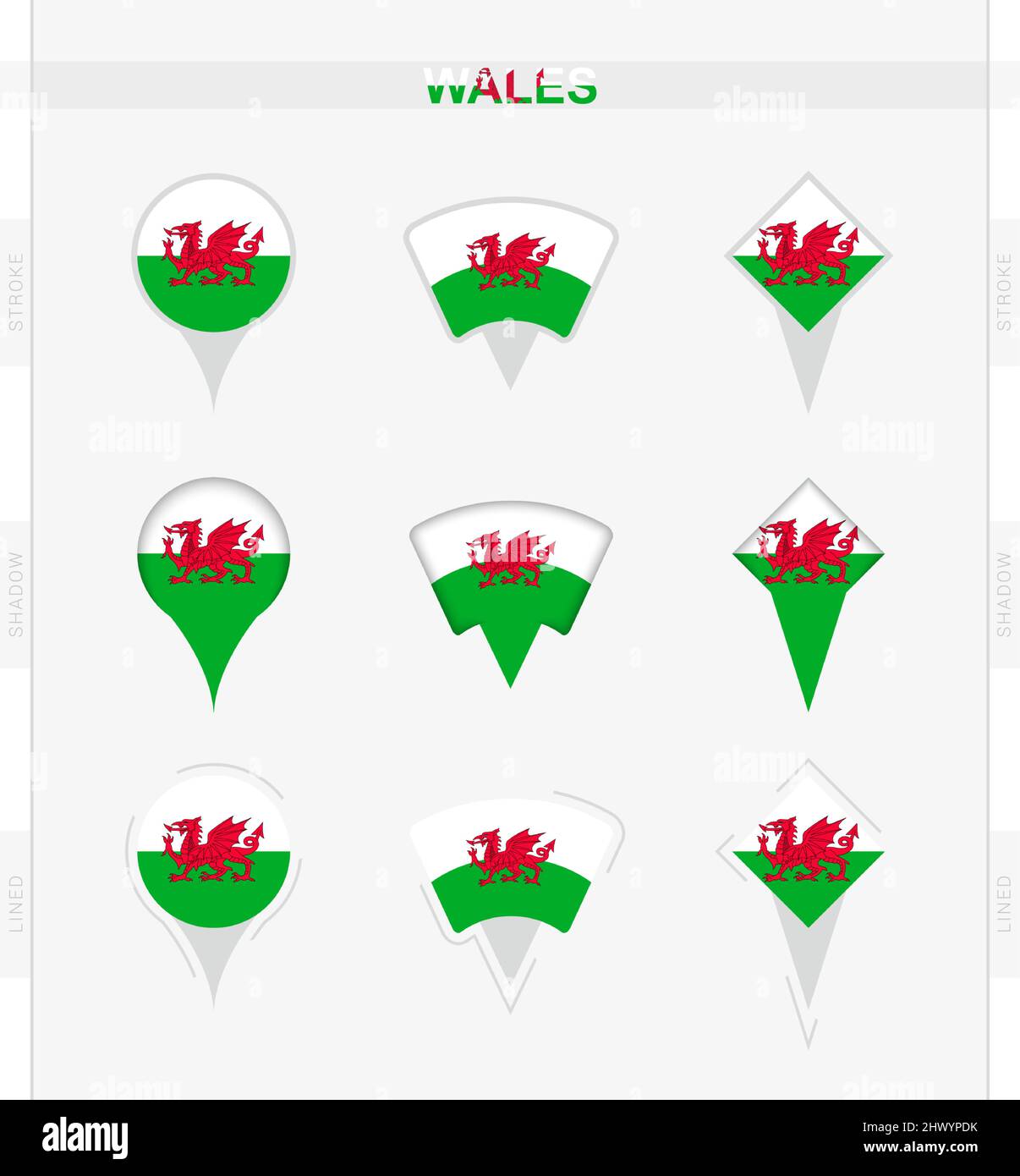 Wales flag, set of location pin icons of Wales flag. Vector ...