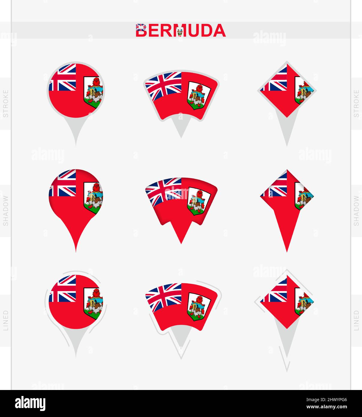 Bermuda flag, set of location pin icons of Bermuda flag. Vector ...