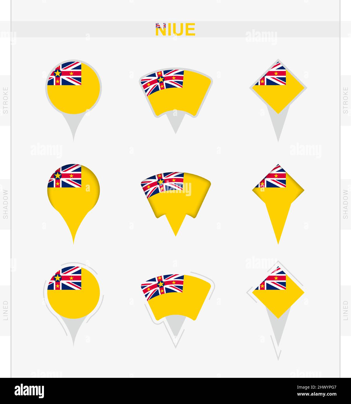 Niue flag, set of location pin icons of Niue flag. Vector illustration ...