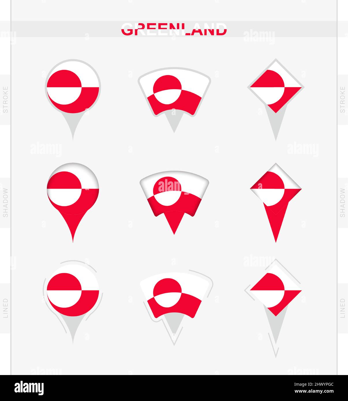 Greenland flag, set of location pin icons of Greenland flag. Vector ...