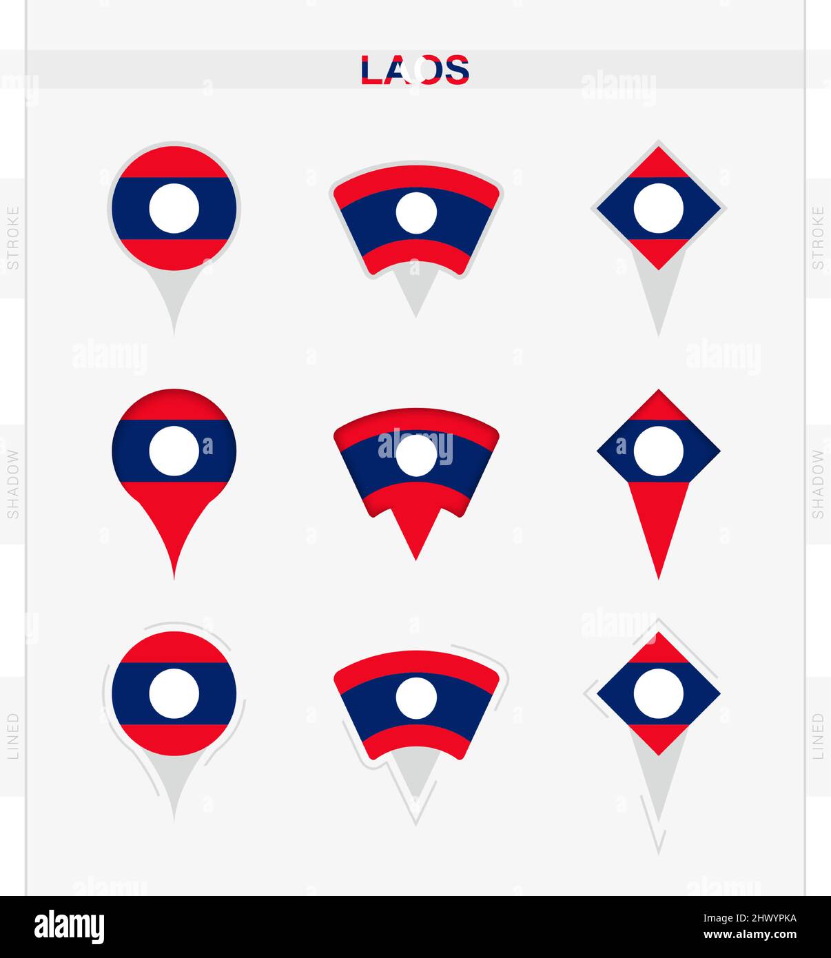 Laos flag, set of location pin icons of Laos flag. Vector illustration ...