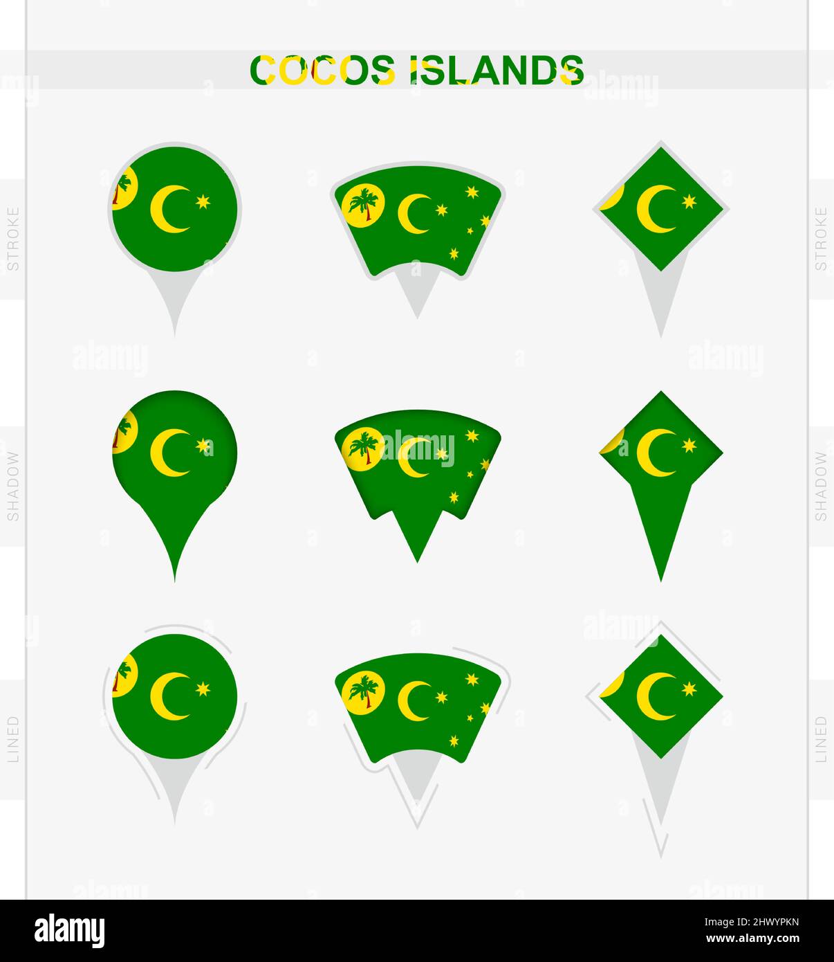 Cocos Islands flag, set of location pin icons of Cocos Islands flag ...