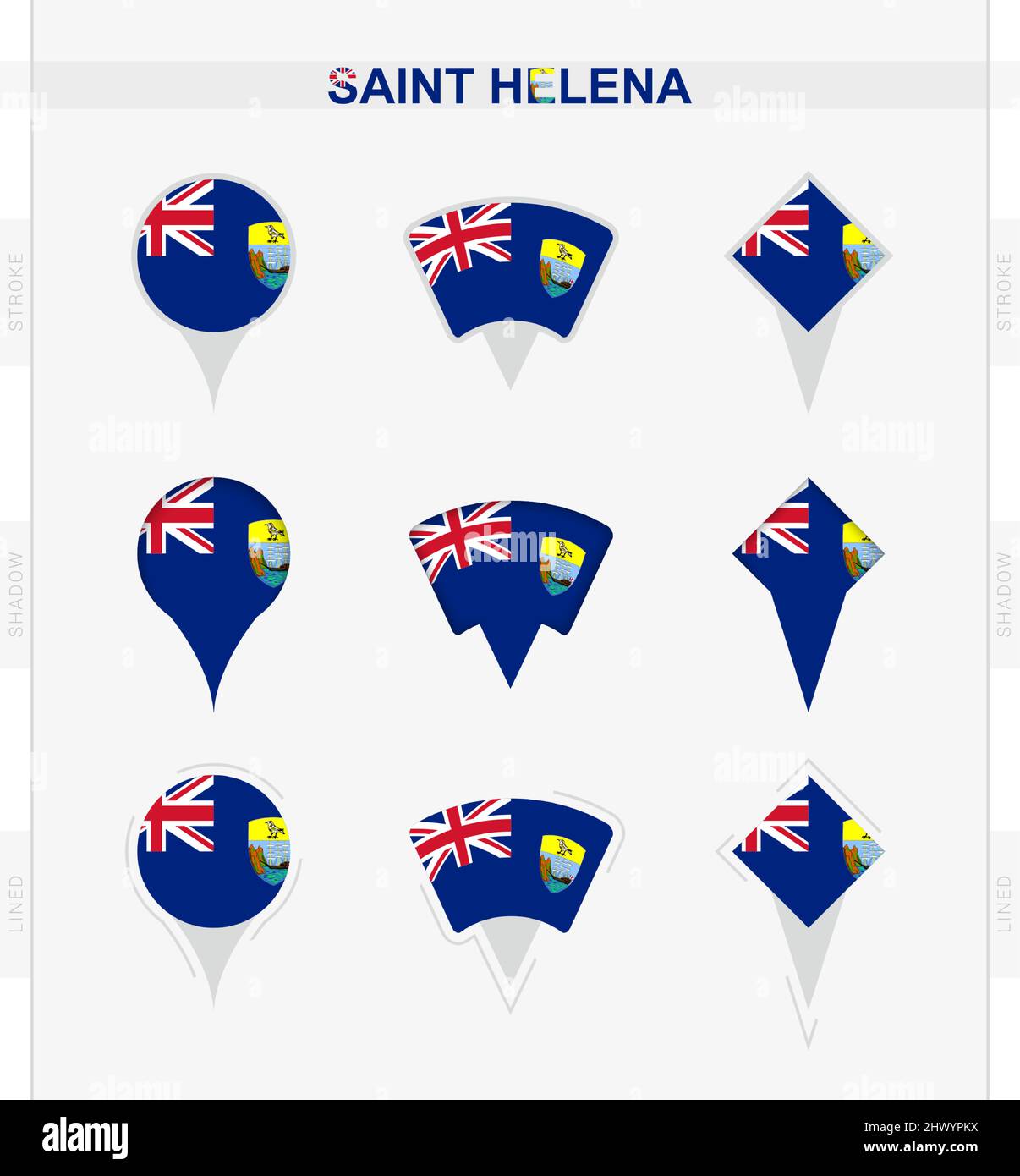 Saint Helena flag, set of location pin icons of Saint Helena flag ...