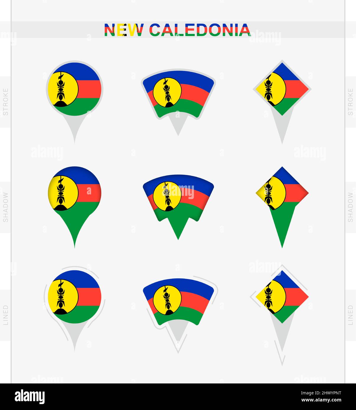 New Caledonia flag, set of location pin icons of New Caledonia flag ...