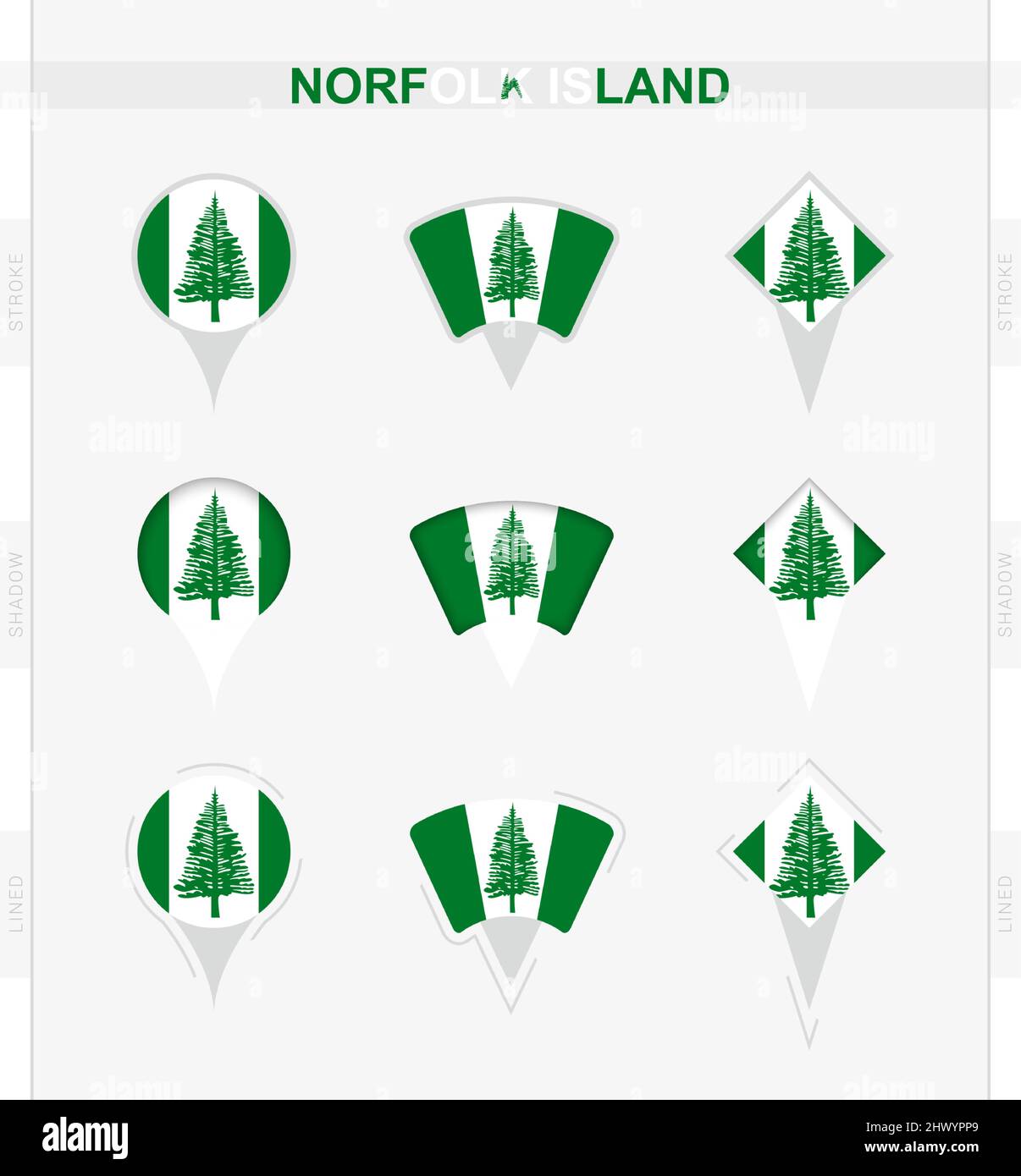 Norfolk Island flag, set of location pin icons of Norfolk Island flag ...