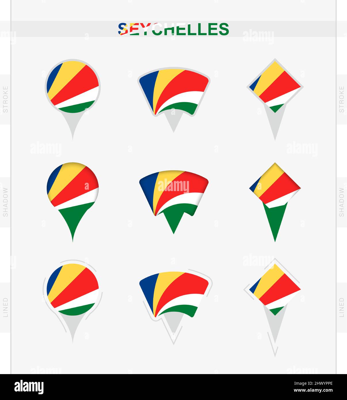 Seychelles flag, set of location pin icons of Seychelles flag. Vector ...