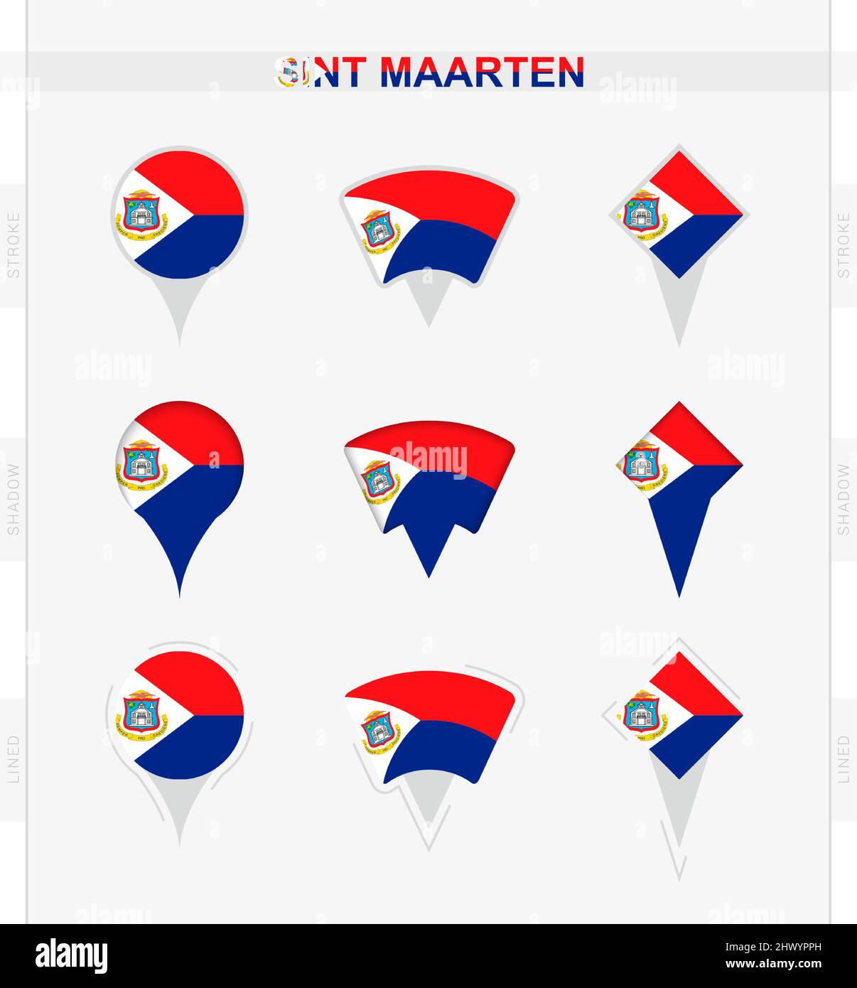 Sint Maarten flag, set of location pin icons of Sint Maarten flag ...