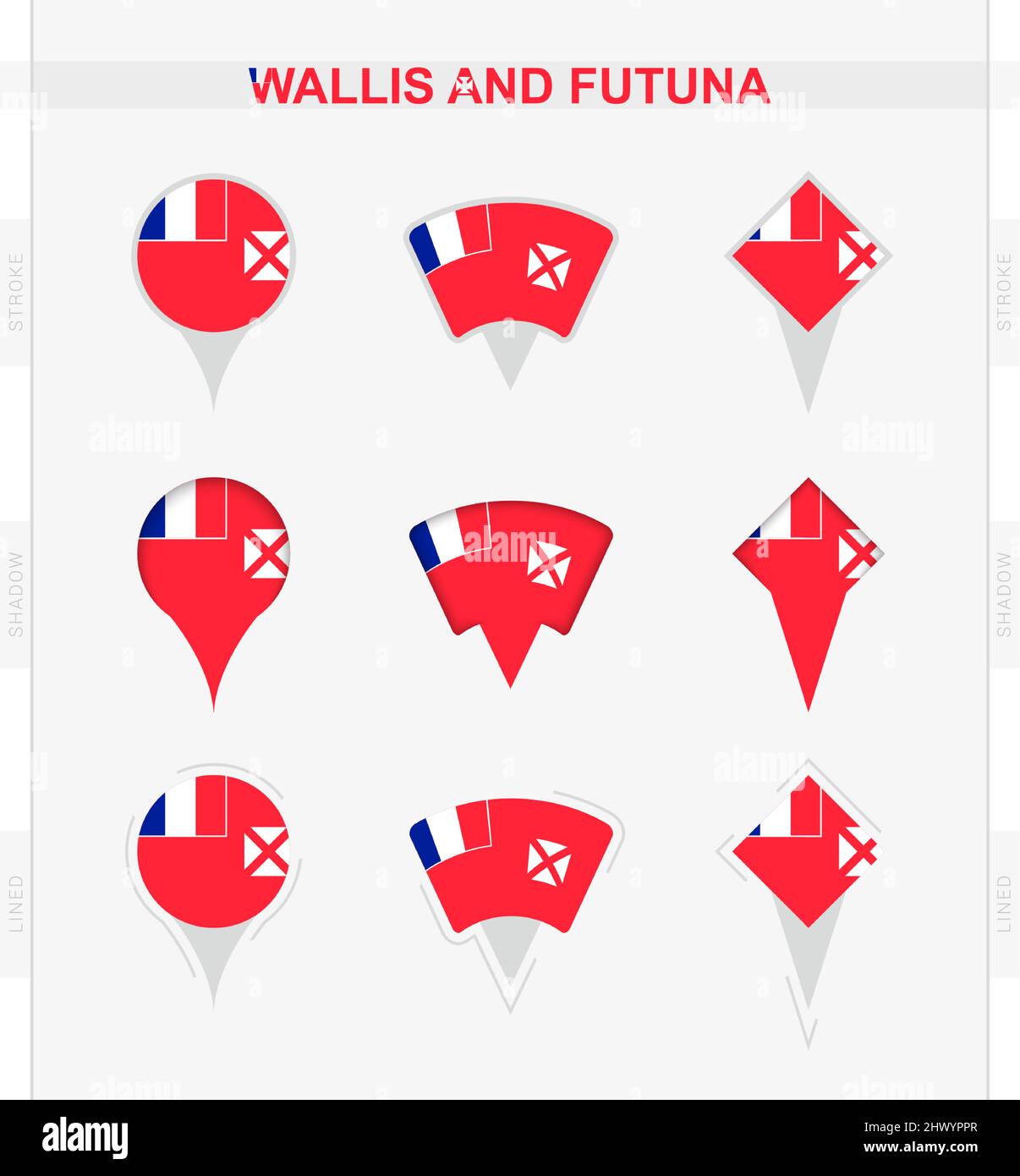 Wallis and Futuna flag, set of location pin icons of Wallis and Futuna ...