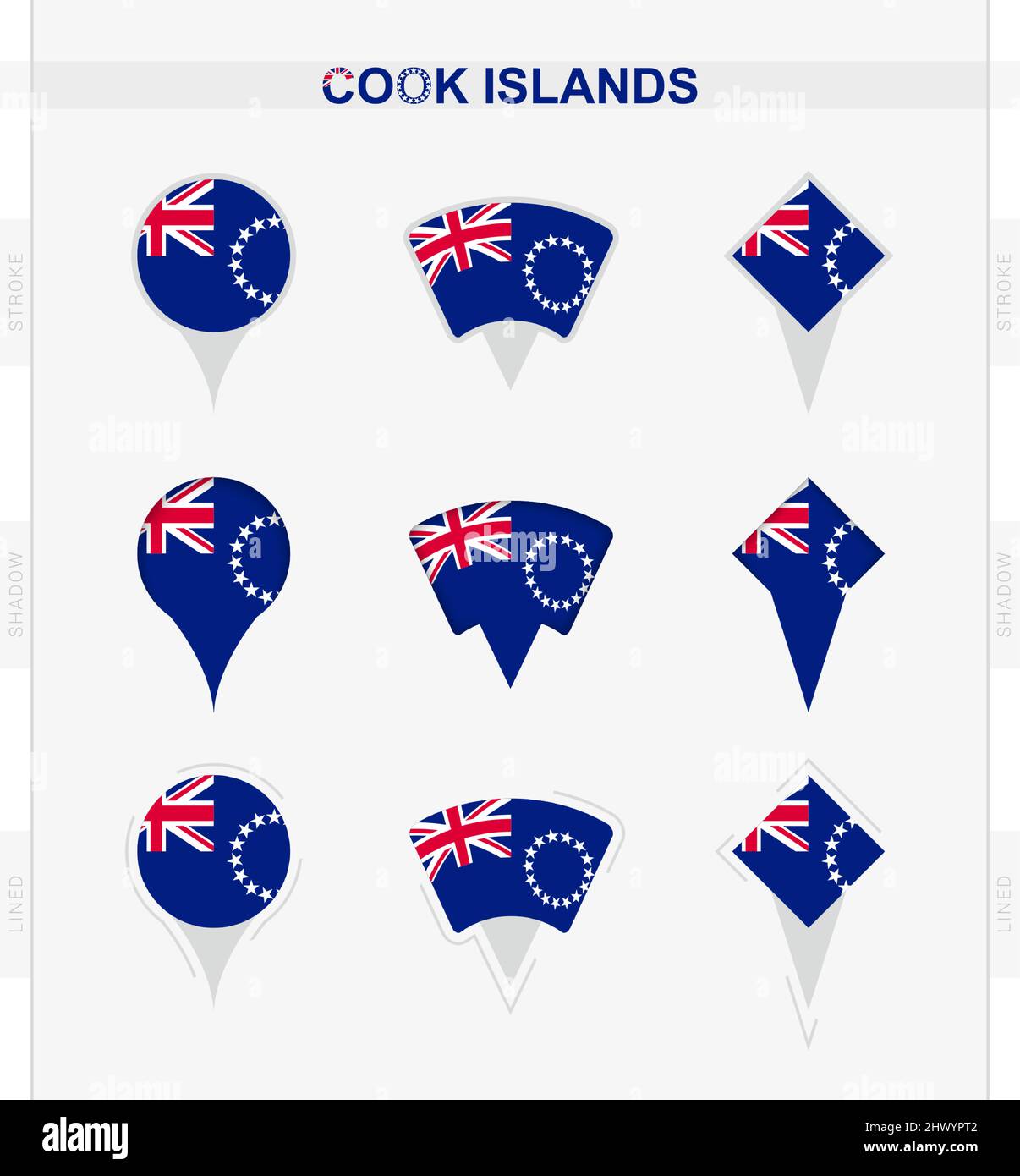 Cook Islands flag, set of location pin icons of Cook Islands flag. Vector illustration of ...