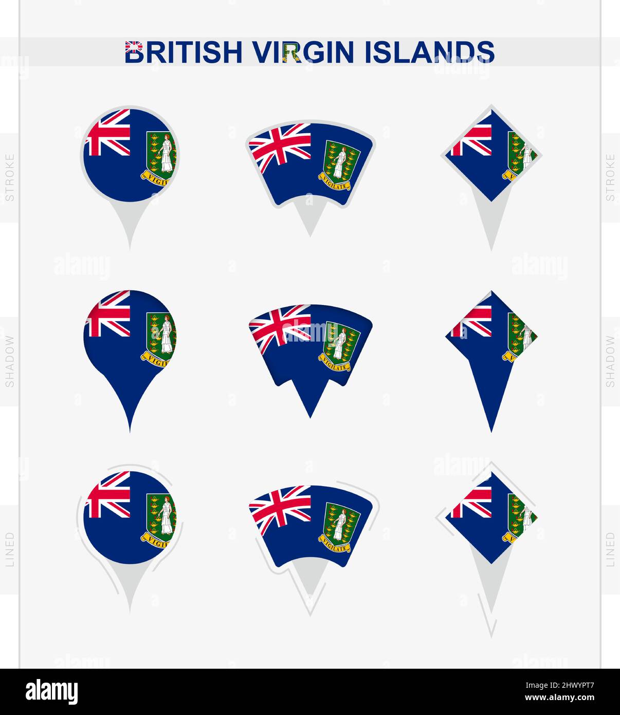 British Virgin Islands flag, set of location pin icons of British ...