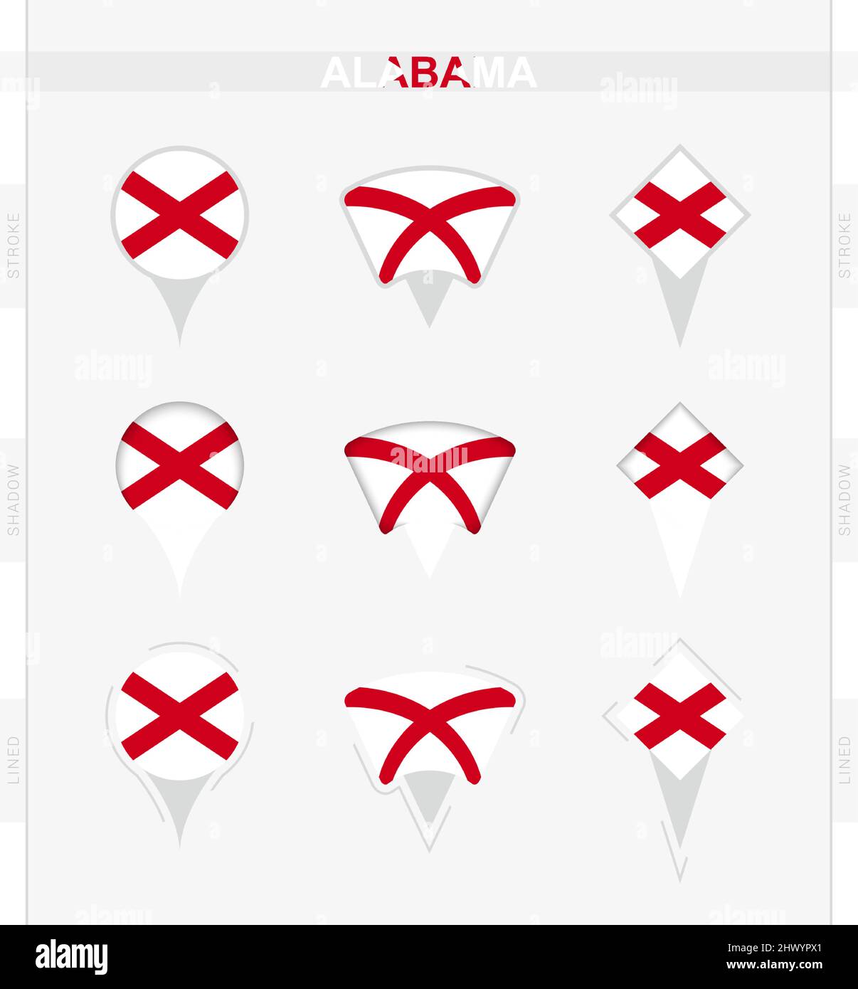 Alabama flag, set of location pin icons of Alabama flag. Vector ...