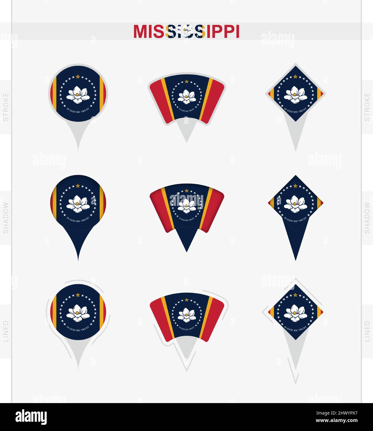 Mississippi flag, set of location pin icons of Mississippi flag. Vector ...