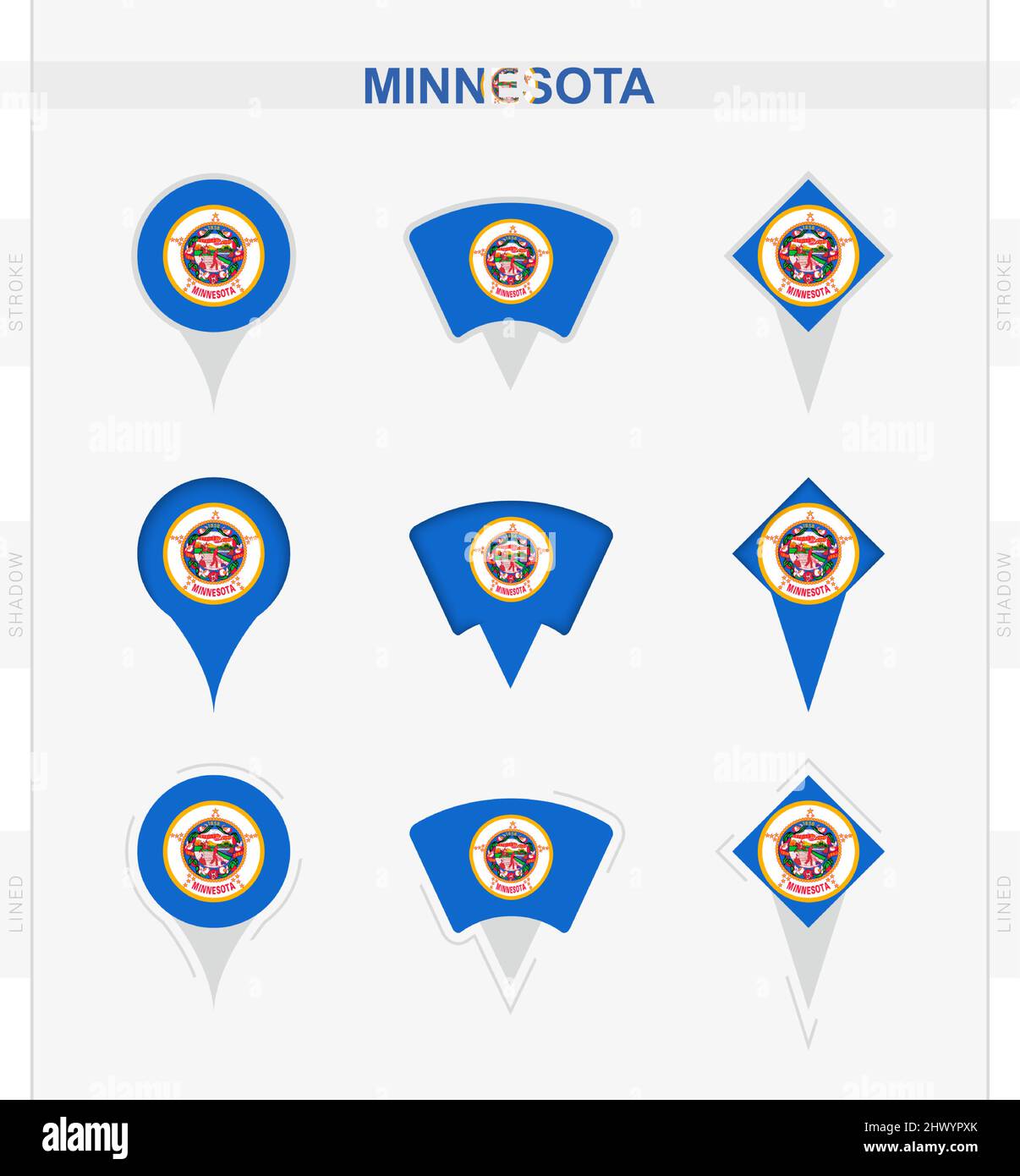 Minnesota flag, set of location pin icons of Minnesota flag. Vector ...