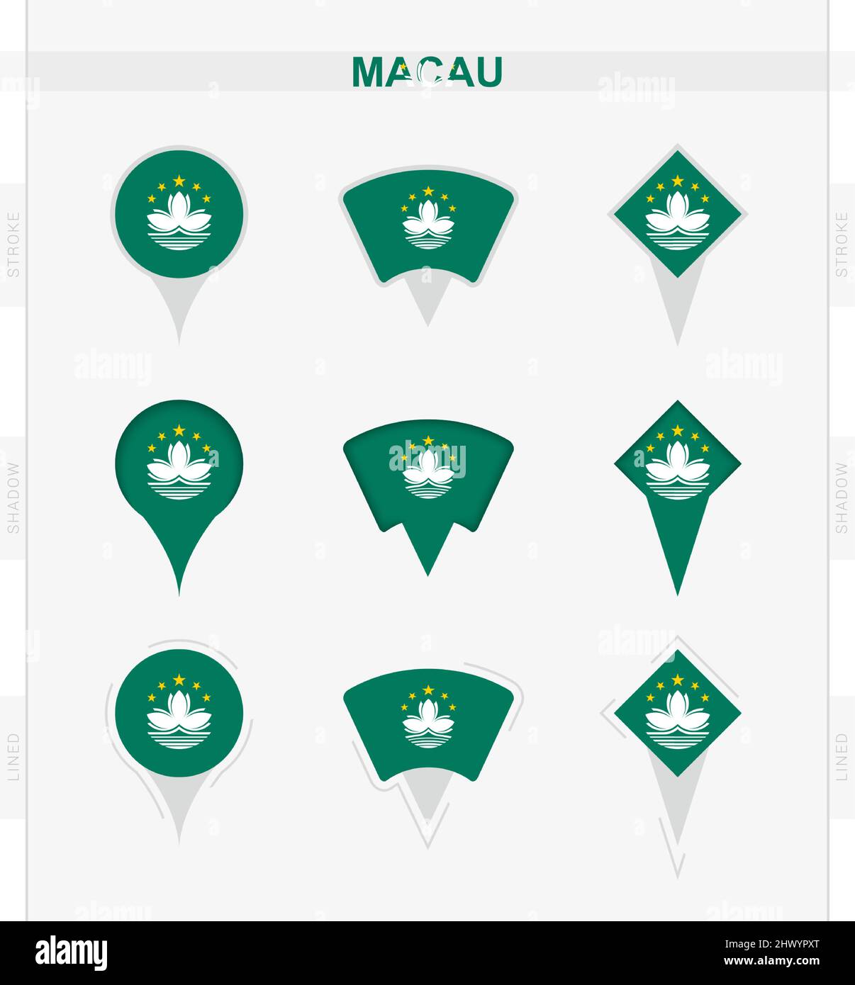 Macau flag, set of location pin icons of Macau flag. Vector ...