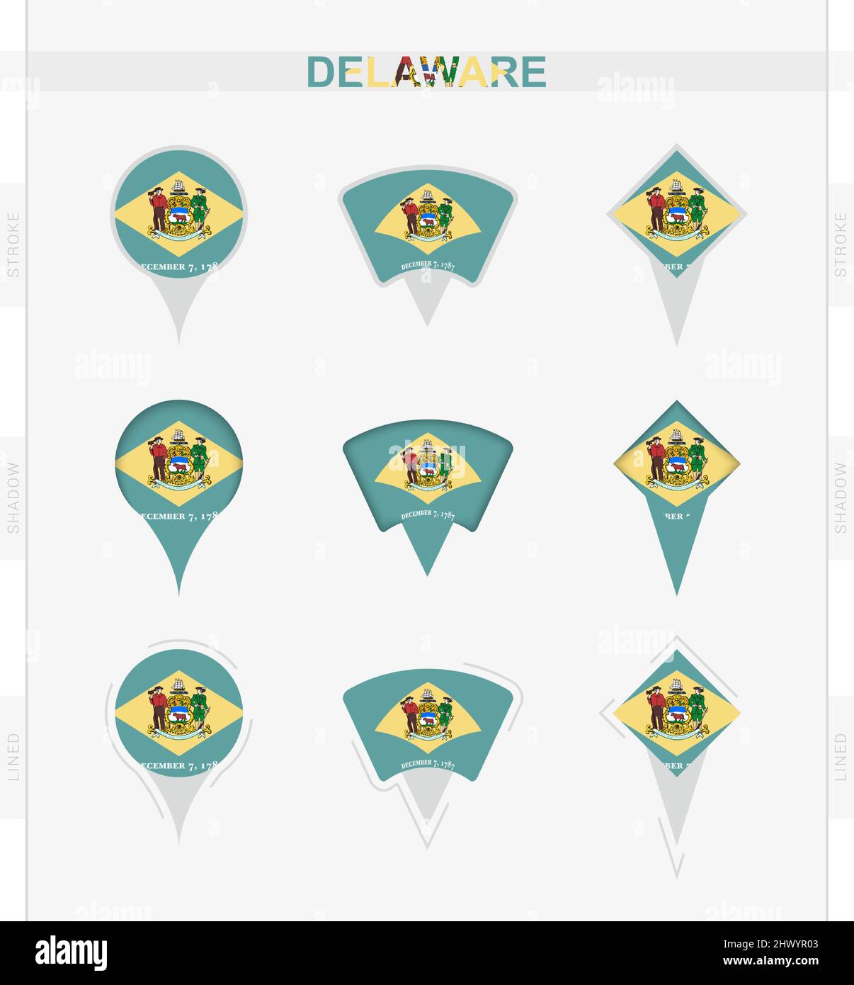 Delaware flag, set of location pin icons of Delaware flag. Vector ...