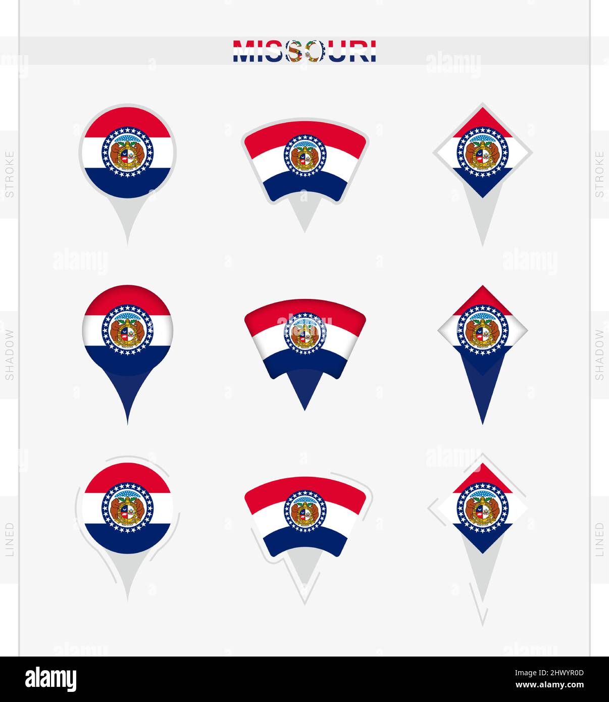 Missouri flag, set of location pin icons of Missouri flag. Vector ...