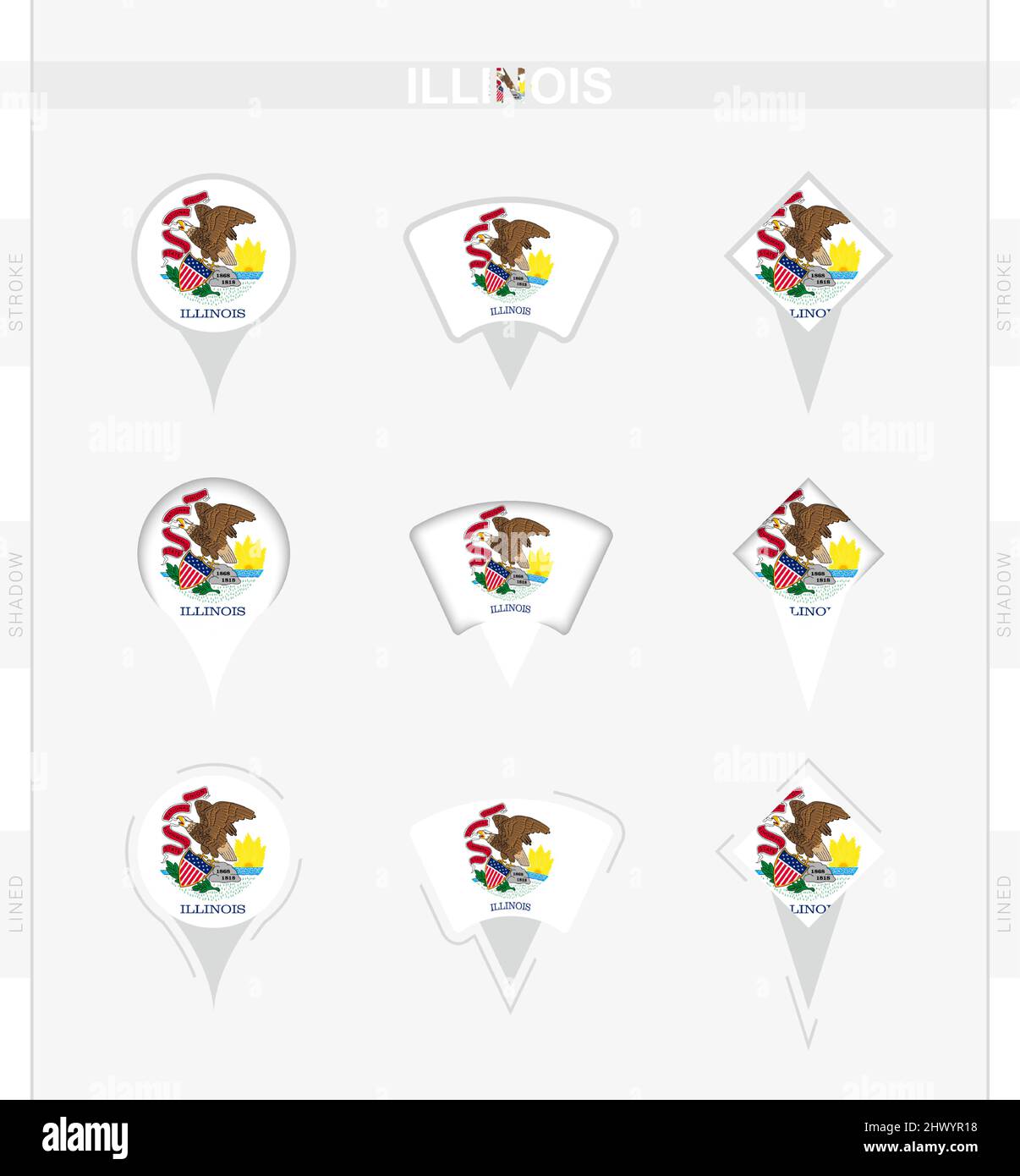 Illinois flag, set of location pin icons of Illinois flag. Vector ...