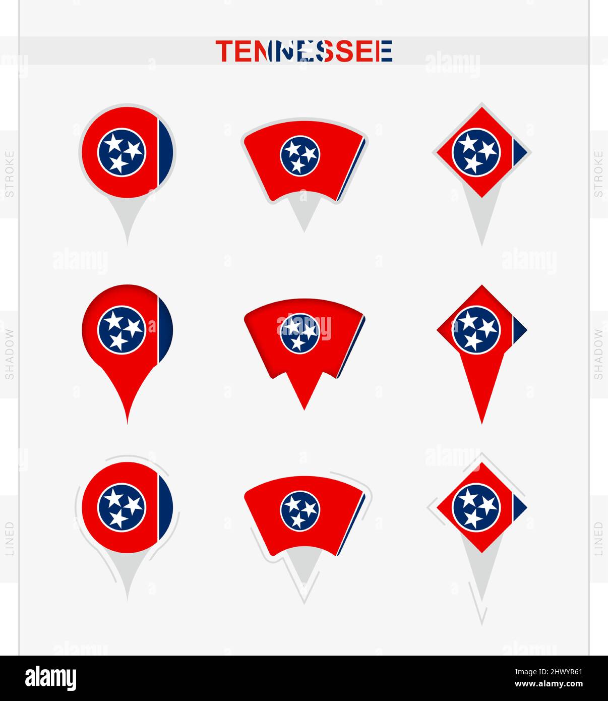 Tennessee flag, set of location pin icons of Tennessee flag. Vector ...