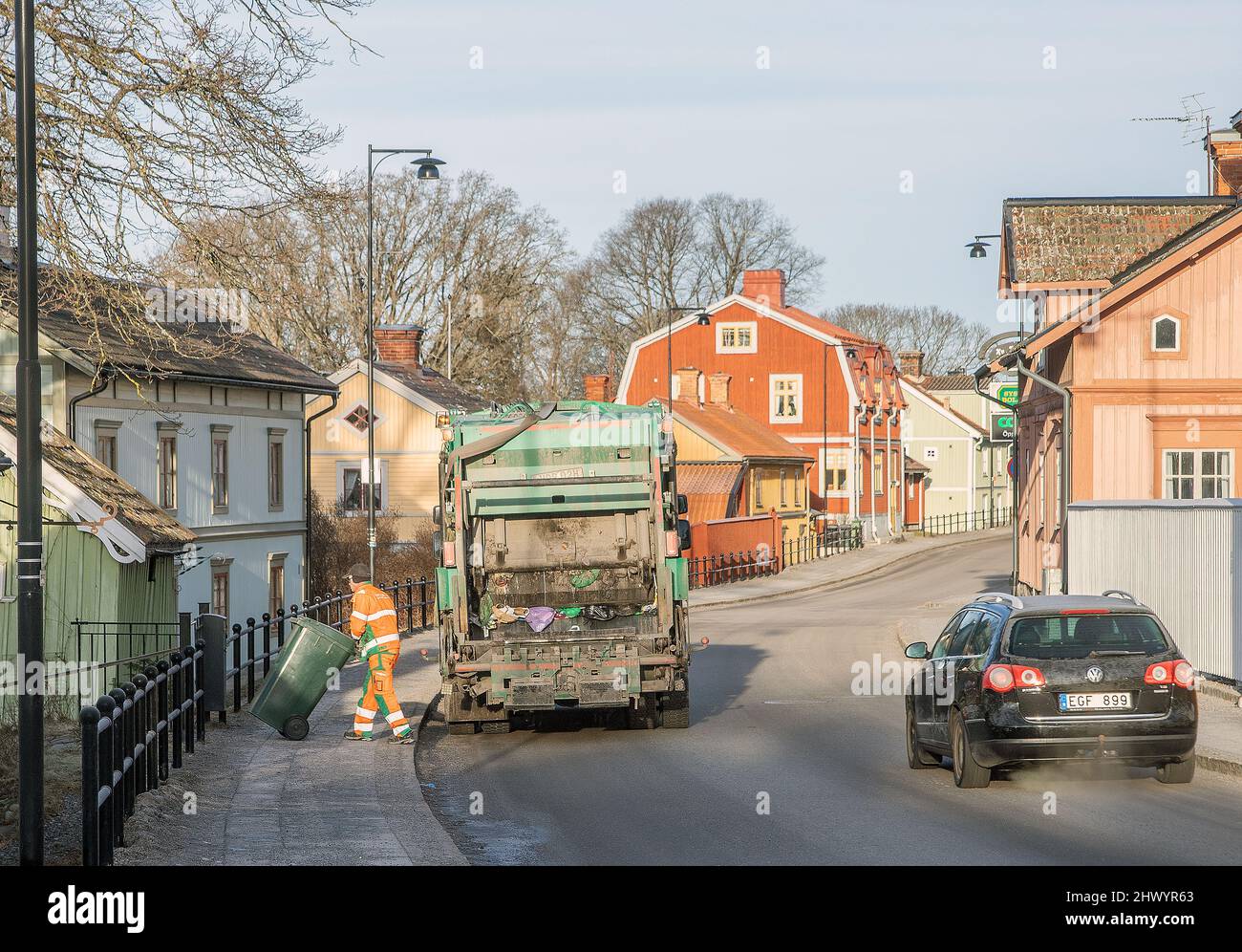 Garbage truck collecting trash in malmkoping, flen, sweden Stock Photo ...