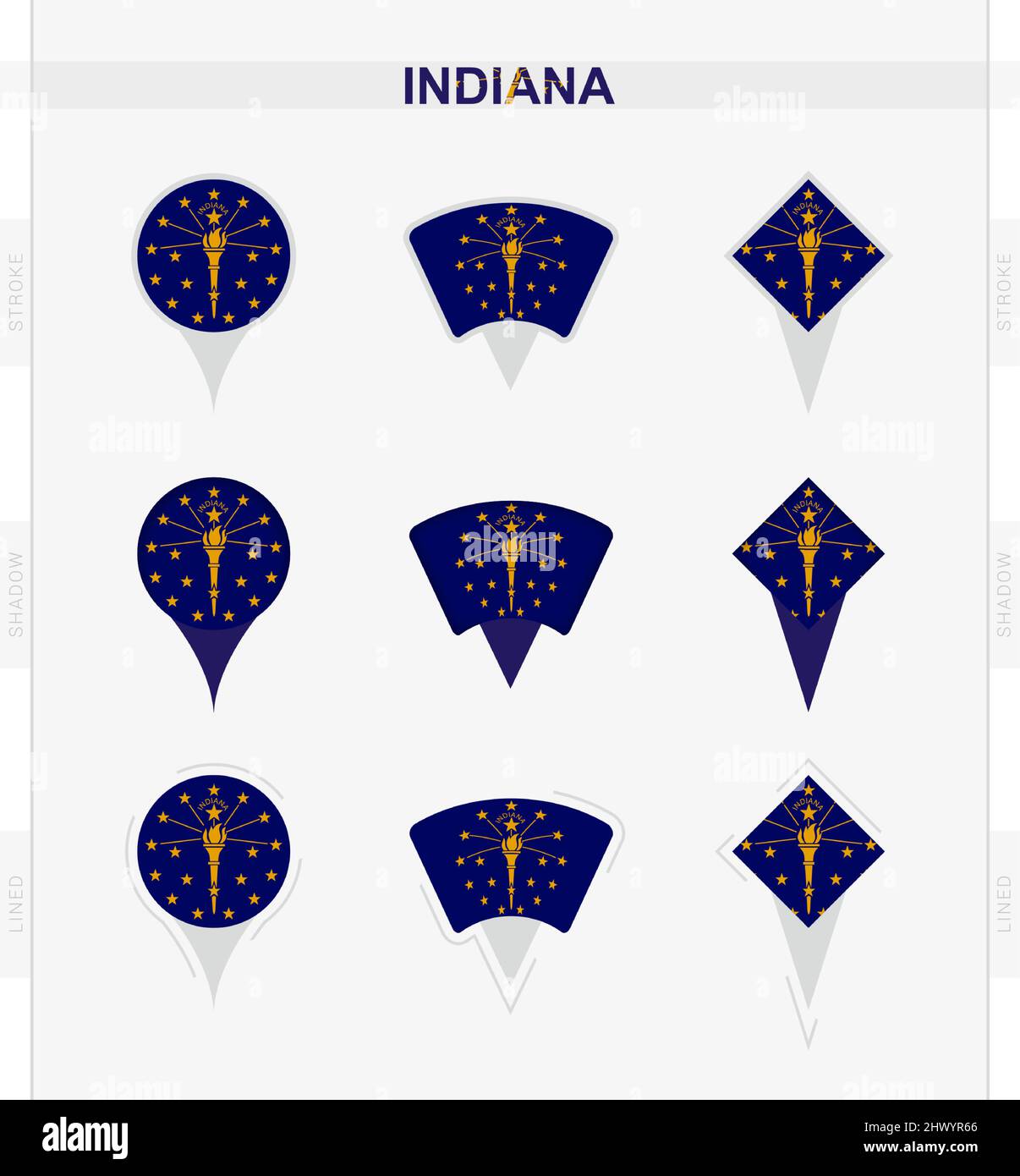 Indiana flag, set of location pin icons of Indiana flag. Vector ...