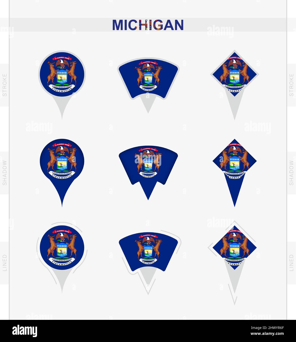 Michigan flag, set of location pin icons of Michigan flag. Vector ...