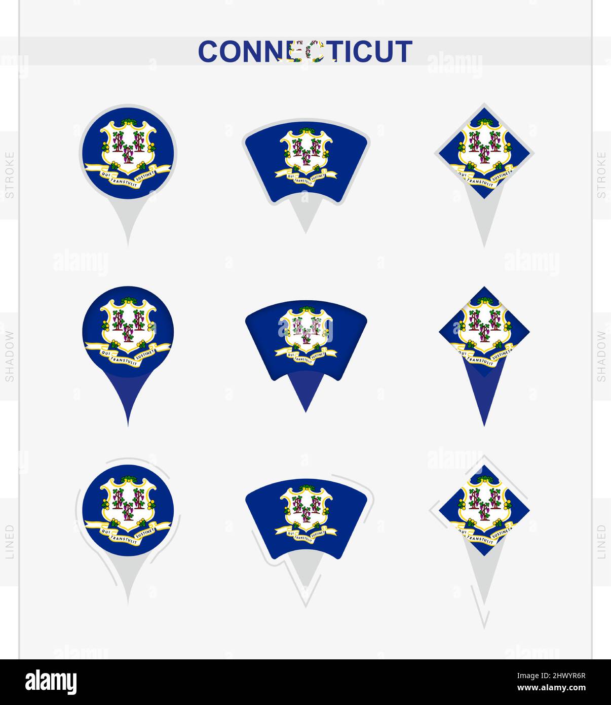 Connecticut flag, set of location pin icons of Connecticut flag. Vector ...