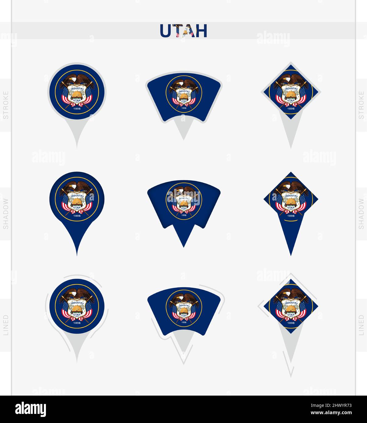 Utah flag, set of location pin icons of Utah flag. Vector illustration ...