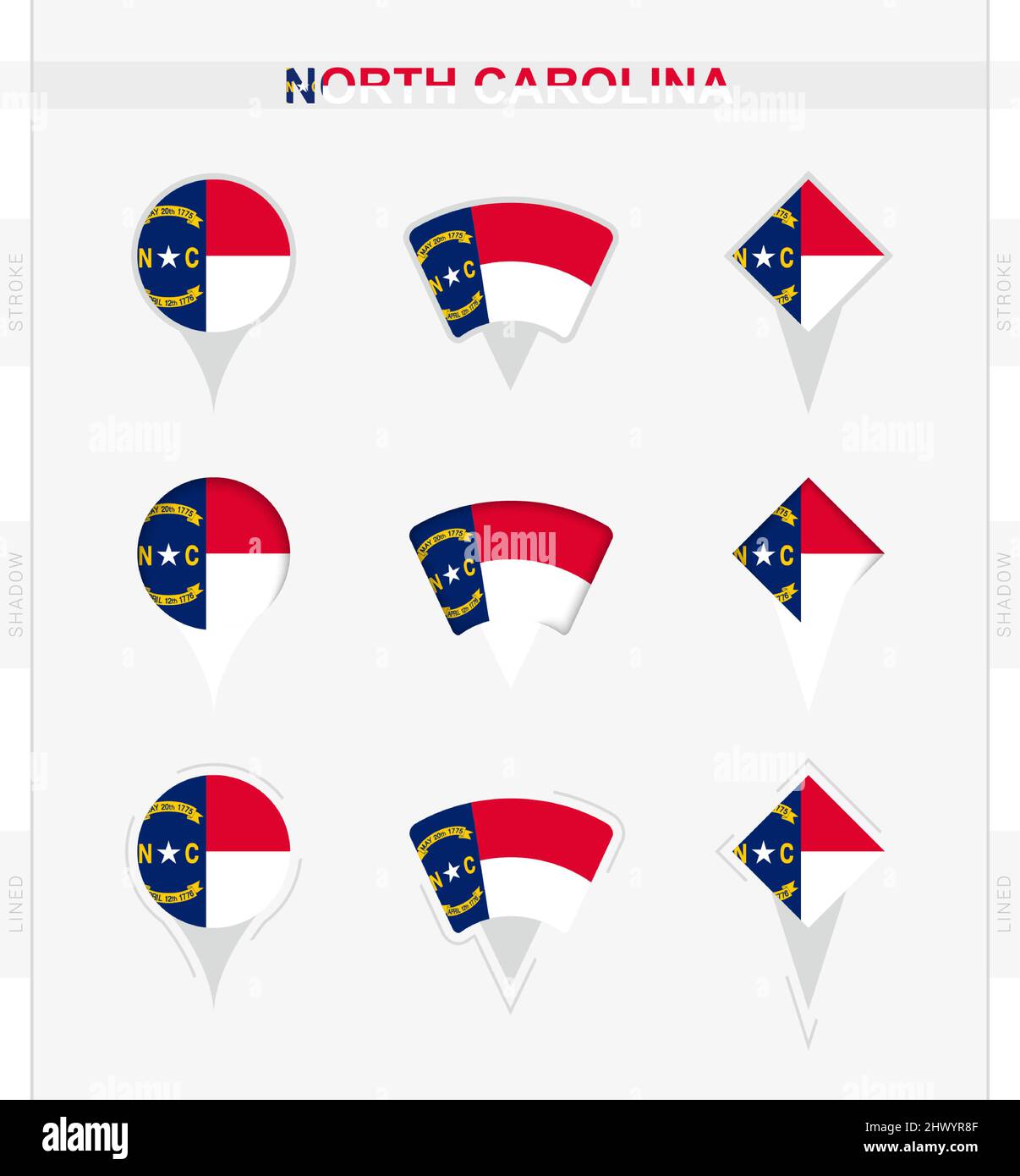 North Carolina flag, set of location pin icons of North Carolina flag ...