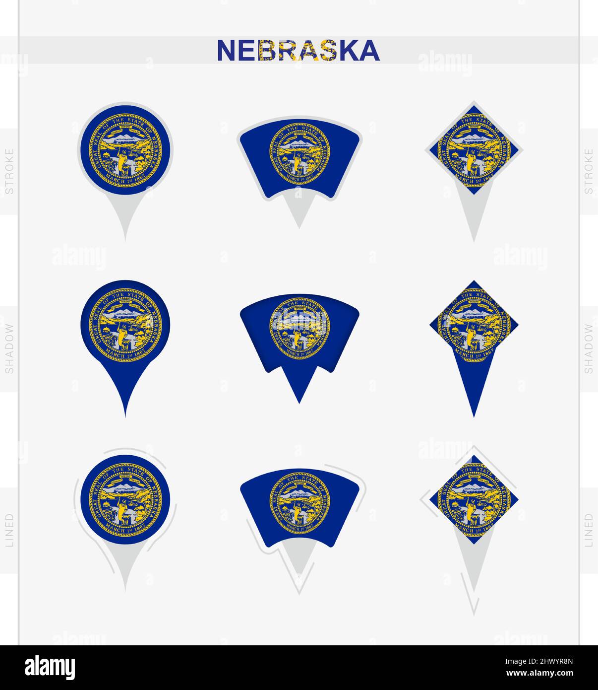Nebraska flag, set of location pin icons of Nebraska flag. Vector ...