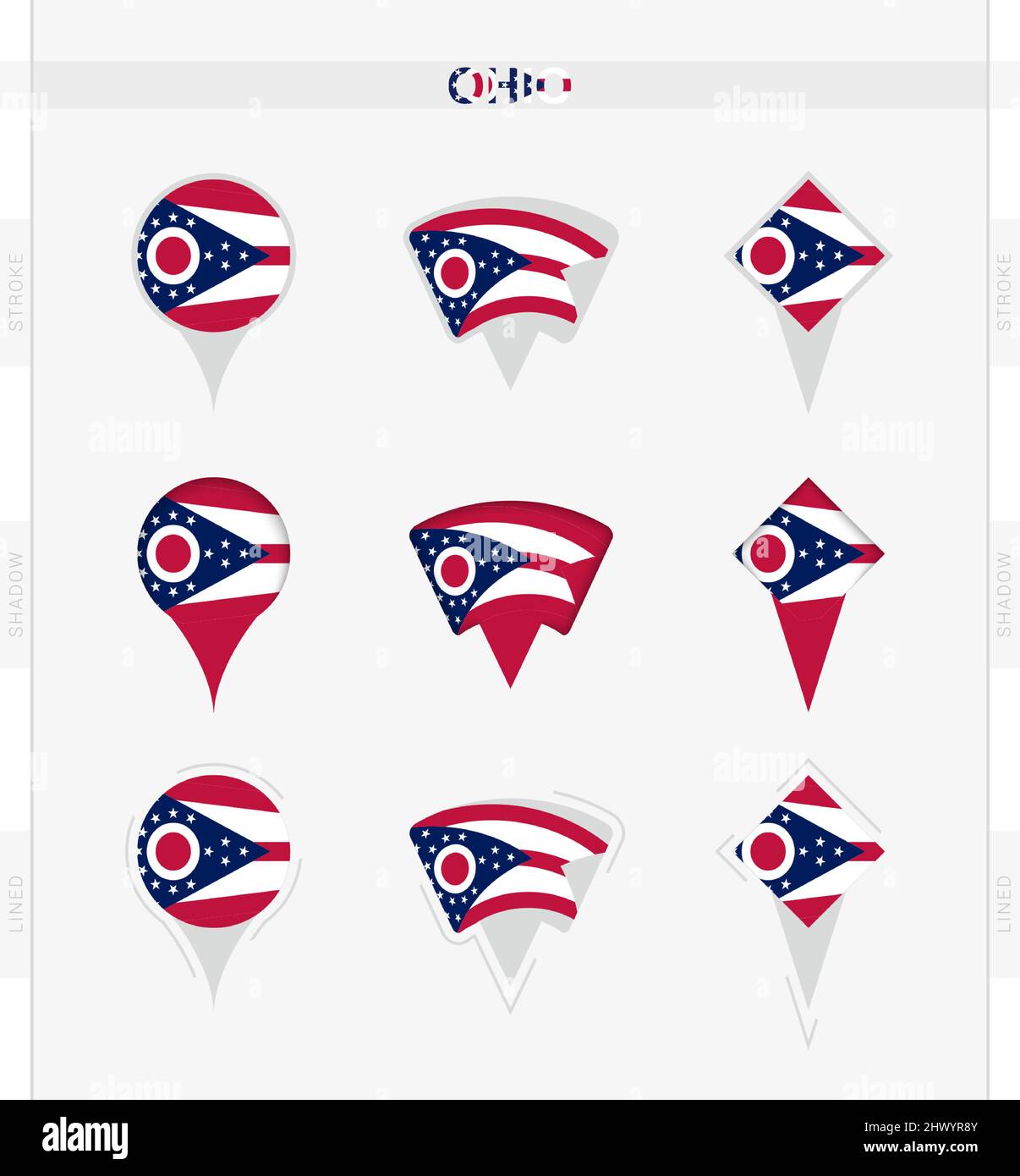 Ohio flag, set of location pin icons of Ohio flag. Vector illustration ...