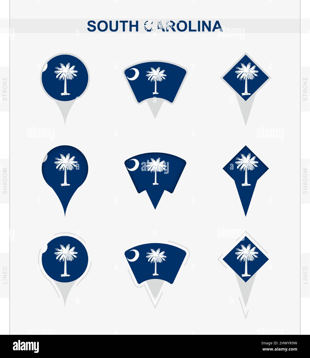 South Carolina flag, set of location pin icons of South Carolina flag ...