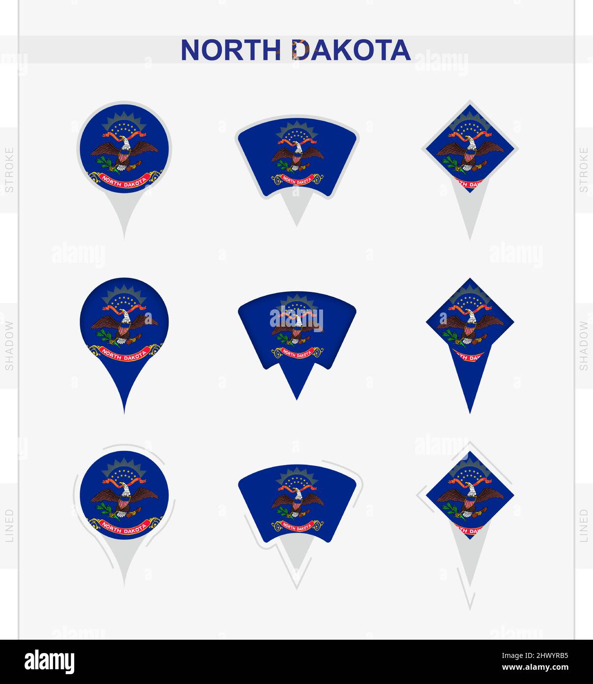 North Dakota flag, set of location pin icons of North Dakota flag ...