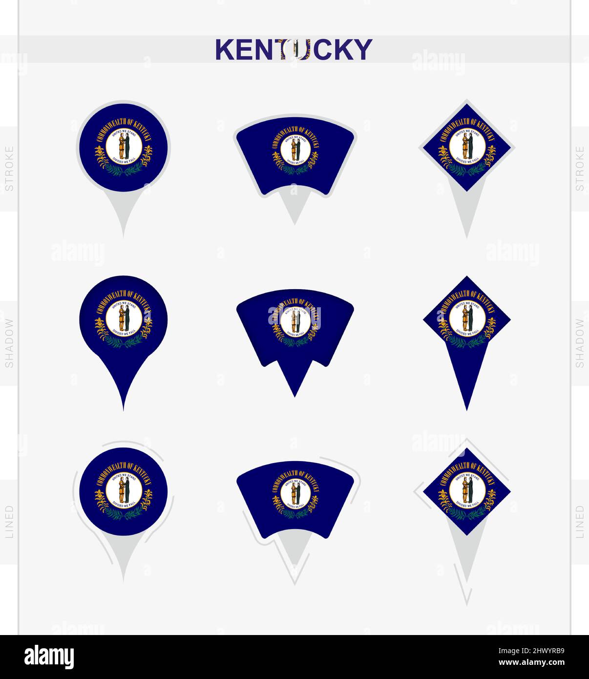Kentucky flag, set of location pin icons of Kentucky flag. Vector ...